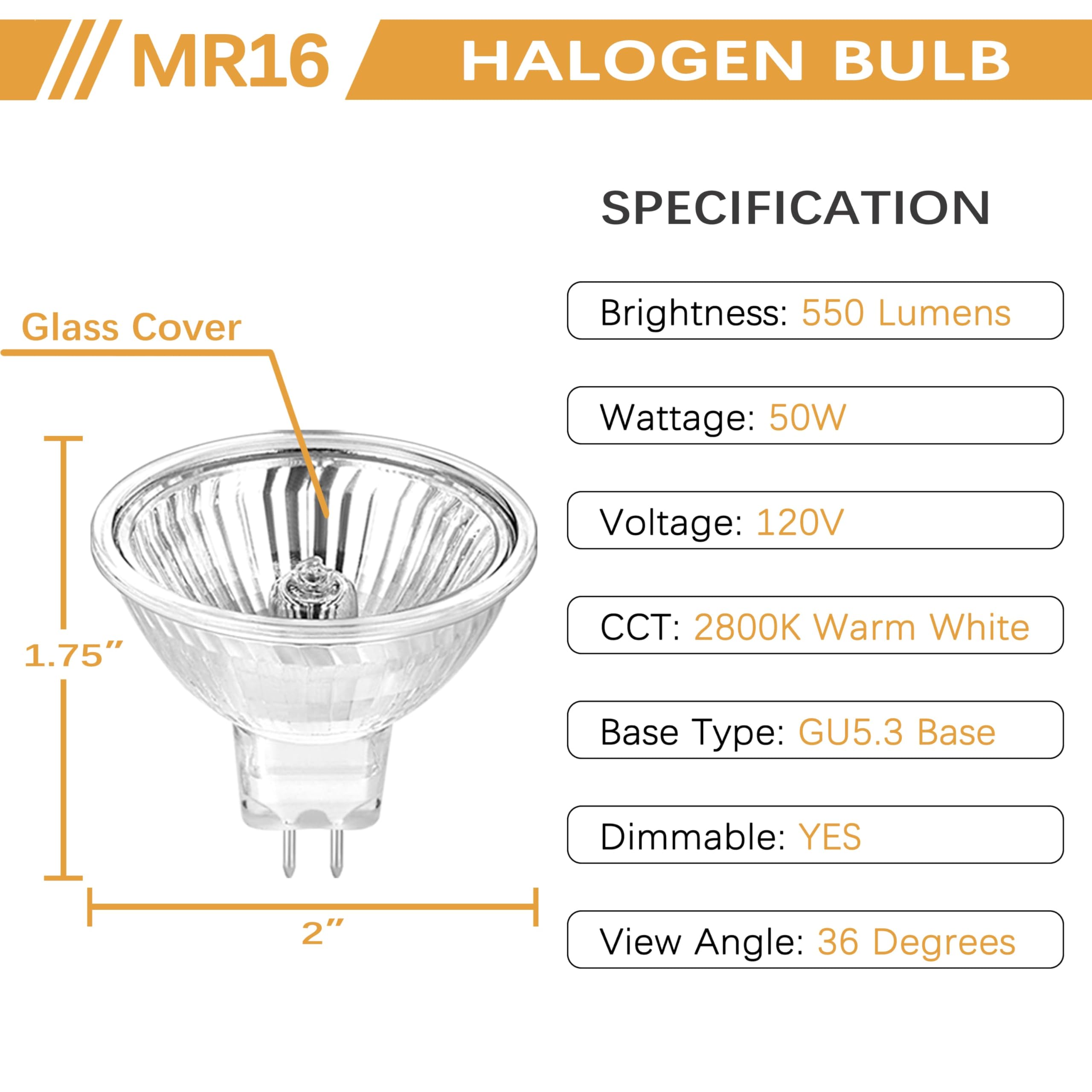 MIARALA MR16 Halogen Bulbs, MR16 Halogen Light Bulbs 50W 12V 2 Pin GU5.3 Base Dimmable, Halogen MR16 Bulbs with Clear Glass Cover, 6 Pack, Warm White, YX-MR16-GU5.3-US01