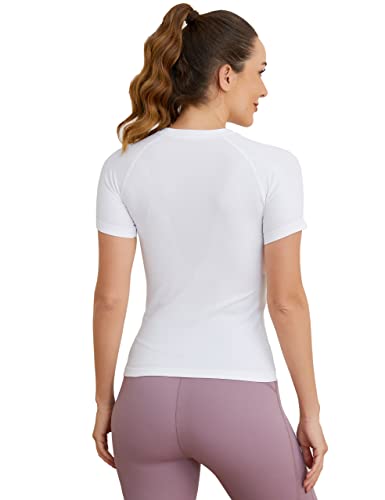 MathCat Workout Shirts for Women, Workout Tops for Women Short Sleeve, Seamless Yoga Shirts, Breathable Athletic Gym Tops Slim Fit(White,S)