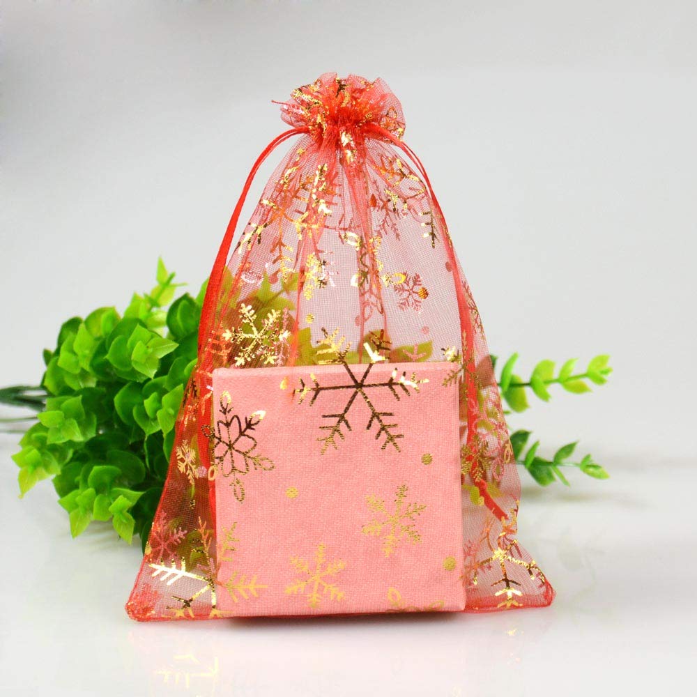 SUNGULF 100pcs Organza Pouch Bag Drawstring Gift Bags (Red Gold Snowflake, 5x7 Inch)