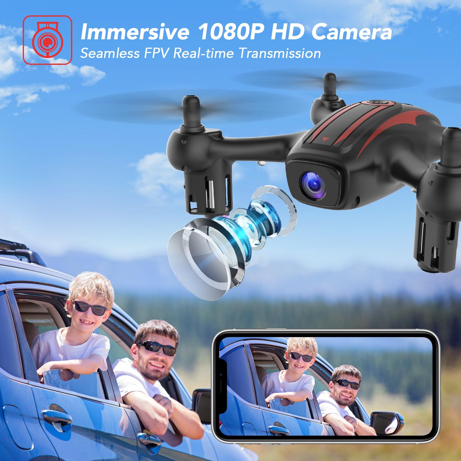 Elukiko Drone with Camera for Adults Kids, 1080P HD FPV WIFI Mini Drones, RC Quadcopter Helicopter with 2 Batteries, Throw to Go, High-Speed Rotation, 3D Flips, Waypoints Fly, Gravity Control, Gesture