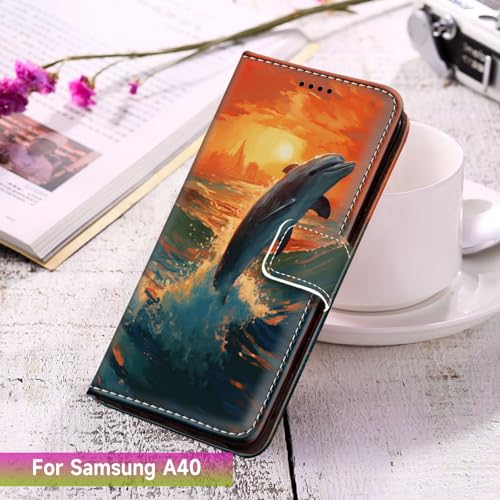Elgzigok Wallet Case Suitable for Samsung Galaxy A40 with Dolphin-aa578 Pattern TPU Multiple Card Slots Protective Case with Magnetic Buckle Multicolor