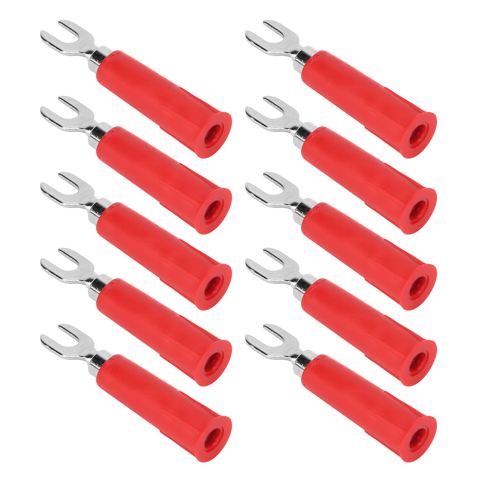 Jopwkuin U Type Banana Plug Adapter, 10 Pcs 4mm Banana Jack Female to Fork Spades Cable, Plating 30V?60V Fork Spade Wire Connectors Copper PVC for Multimeter(red)