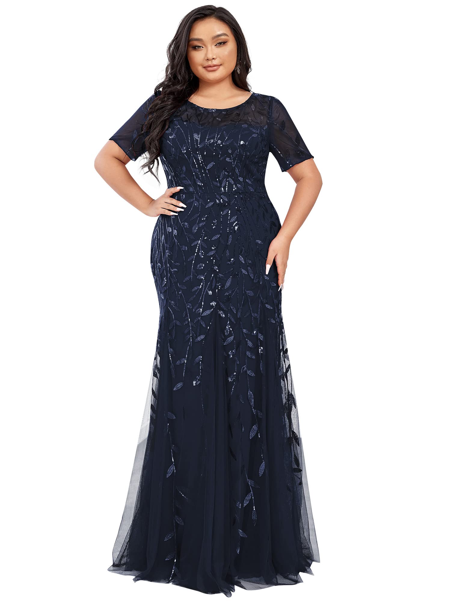 Ever-Pretty Women's Floor Length Mermaid Dress Prom Evening Dress Plus Size Dress Gowns for Women Navy Blue US18