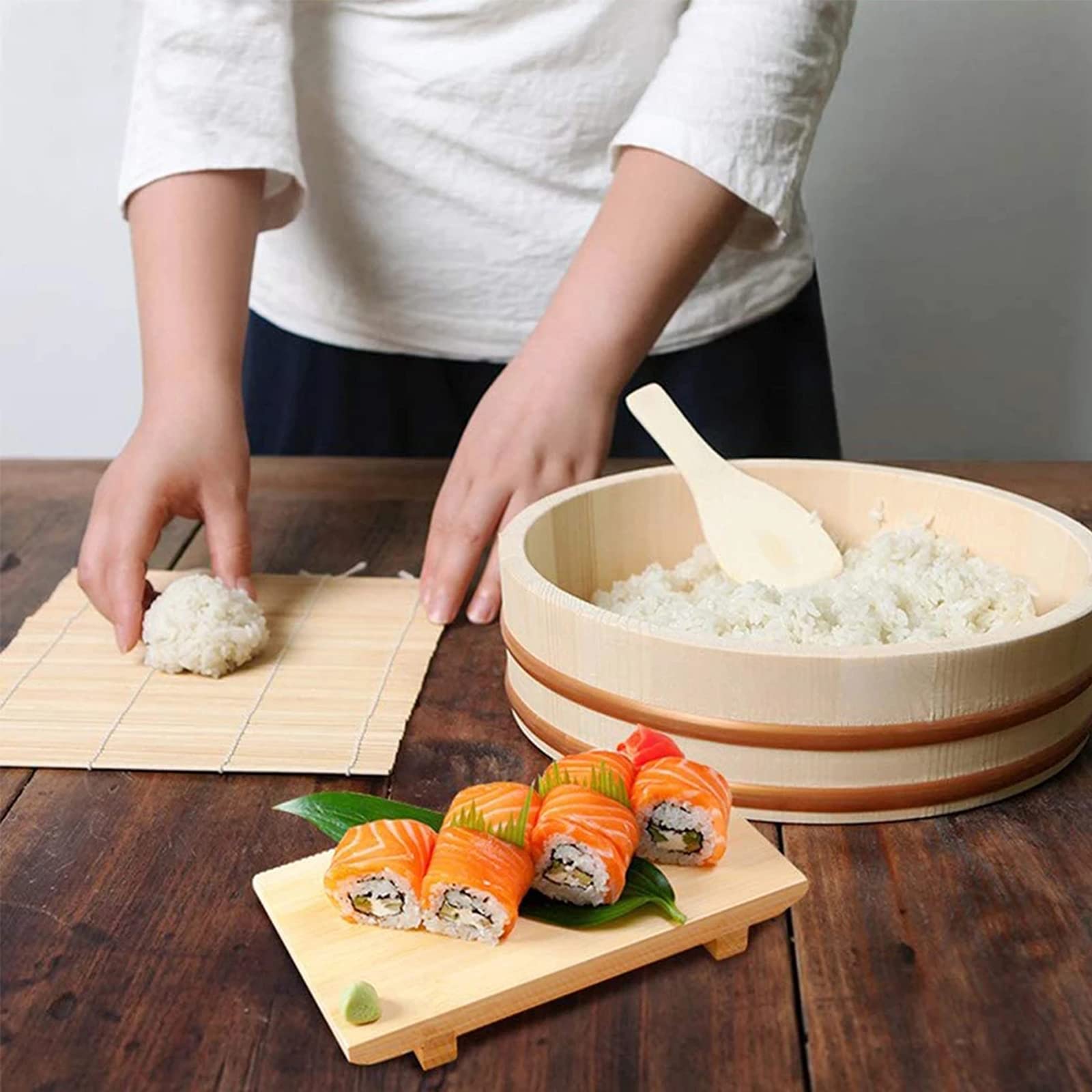 Japanese Wooden Hangiri Sushi Rice Mixing Bowl Tub Sushi Oke Copper Bands for Sushi Restaurant Kitchen,66cm/26in