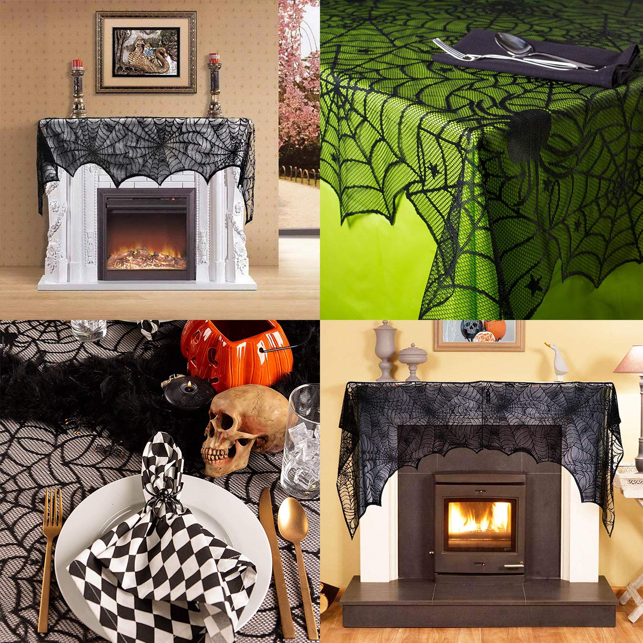 Sunnyglade Halloween 18"x96" Lace Spiderweb Fireplace Mantle Cover Fireplace Scarf & 54"x72" Rectangular Black Spider Web Lace Tablecloth, Festive Party Halloween Supplies