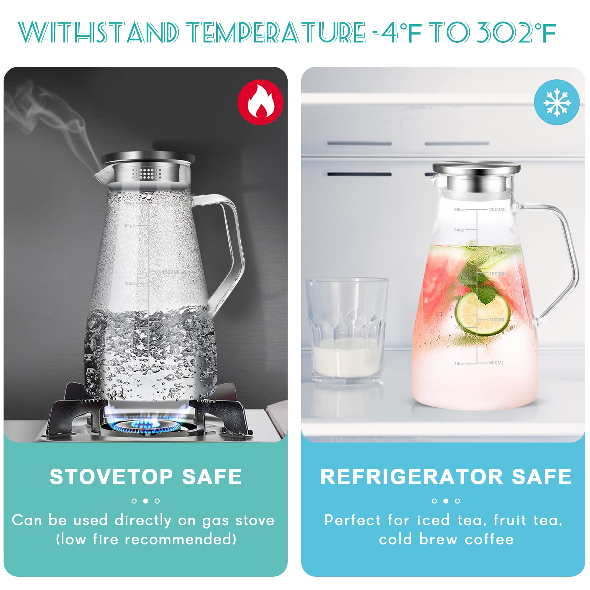 HIHUOS Glass Pitcher with Lid : 68oz Water Pitcher with Precise Scale Line, Easy Clean Heat Resistant Iced Tea Pitcher, Borosilicate Glass Carafe for Juice, Milk, Beverages, Mimosa Bar