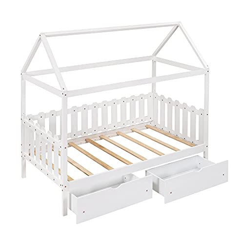 Lifeand Twin Size House Bed with 2 Drawers, Fence-Shaped Guardrail and Sky Roof, Solid Wood Bedframe for Gilrs Boys,White