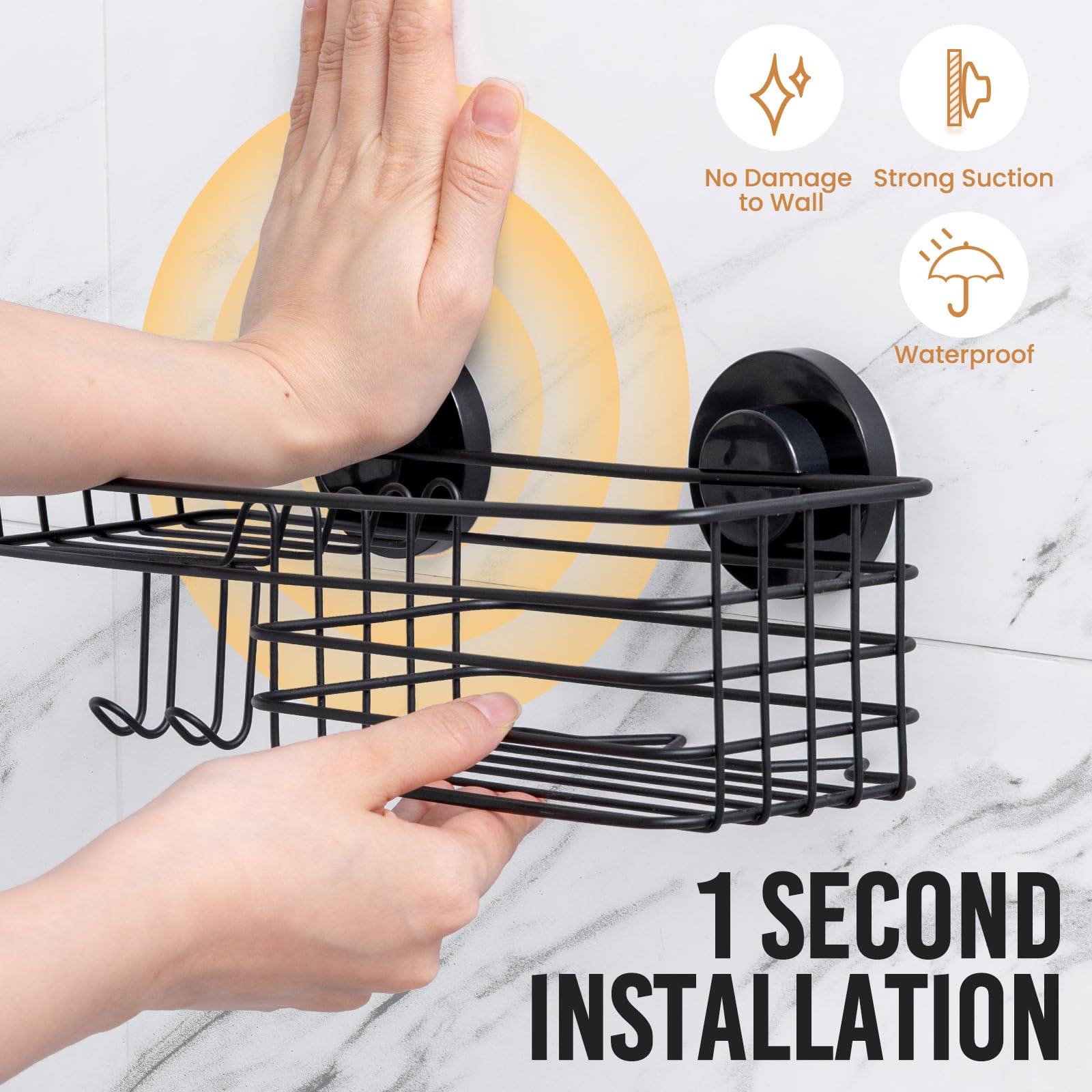 LEVERLOC Shower Caddy Suction Cup, 2 Pack Shower Shelves for Inside Shower with Hooks & Soap Holder, NO-Drilling Shower Organizer, Rustproof Shower Caddies Storage, Black
