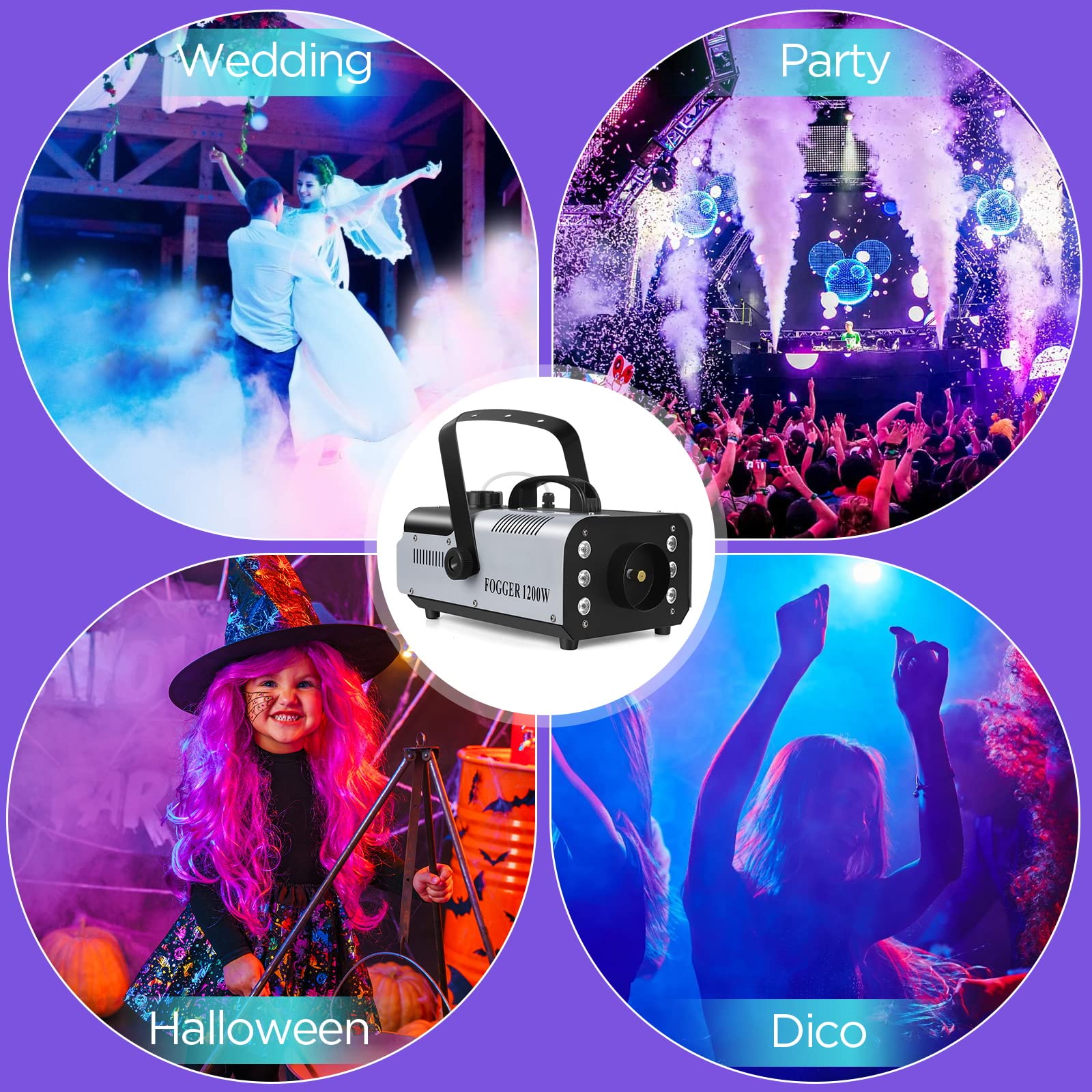 Fog Machine, 1200W Smoke Machine with 6 LEDs RGB Lighting Remote Controlled Stage Effect Equipment for Theater Party Thanksgiving Halloween Christmas Parties DJ Nightclub Wedding