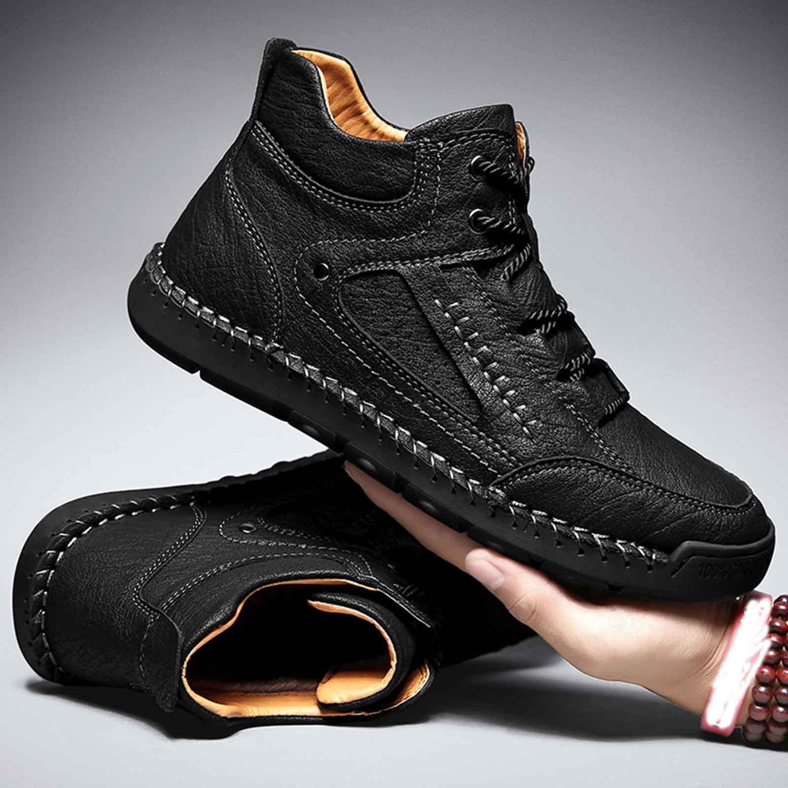FASDNENDYS 2022 New Large Size Border Handmade Retro Stitched Leather Comfortable Casual Shoes Mens Wide Slip on Shoes Black