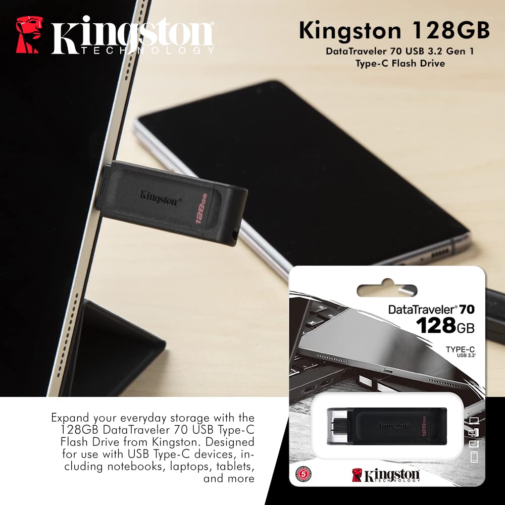 Kingston 128GB DataTraveler 70 Portable and Lightweight USB-C Flash Drive - DT70/128GB (5 Pack) w/ USB 3.2 Gen 1 Type-C Connection up to 5 GB/s + Xpix Bundle That Includes a Microfiber Cleaning Cloth