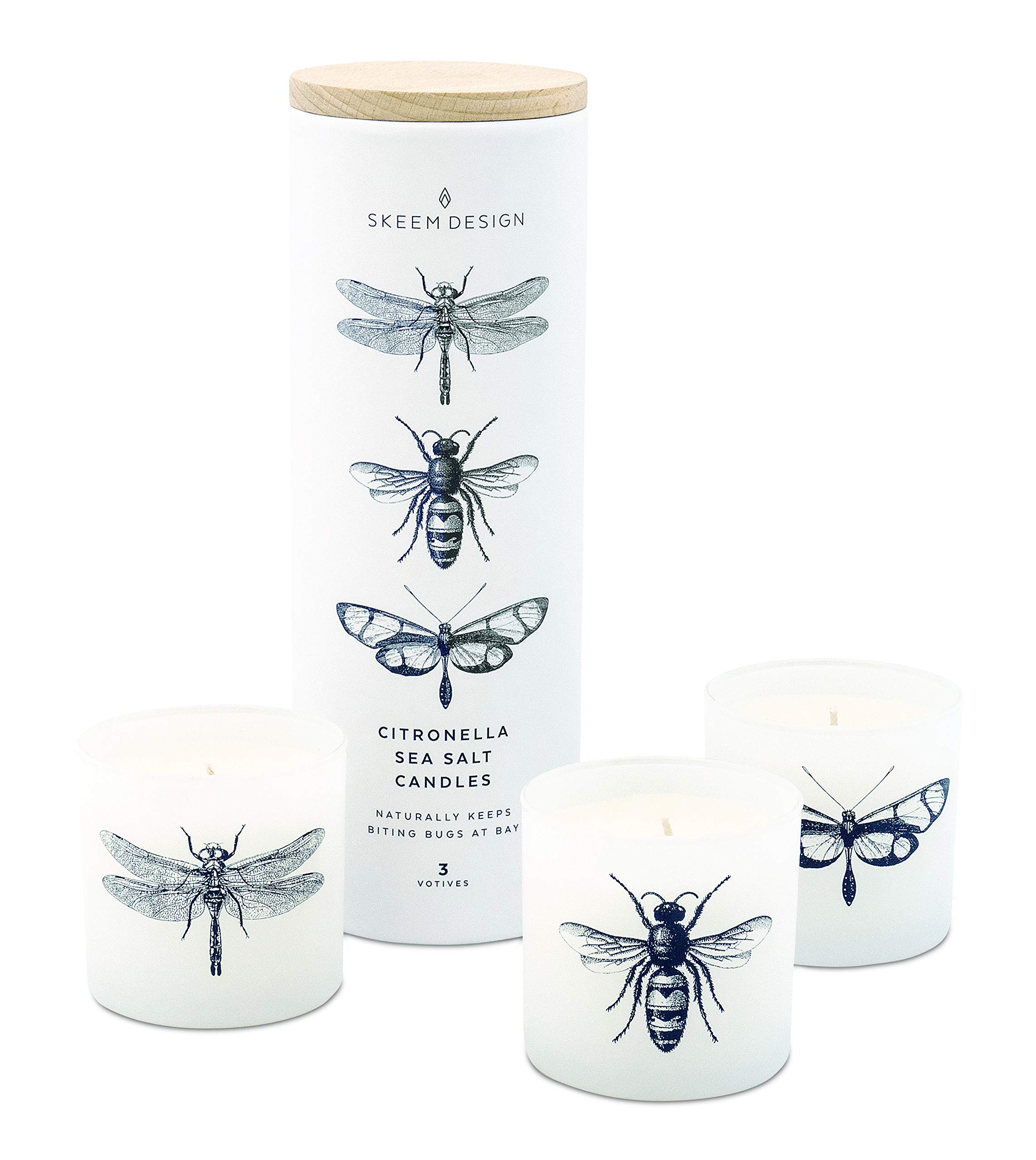 Skeem Citronella Sea Salt Votive Scented Candles - Set of 3 White Votive Candles - 50 Hour Burn Time - Made in The USA
