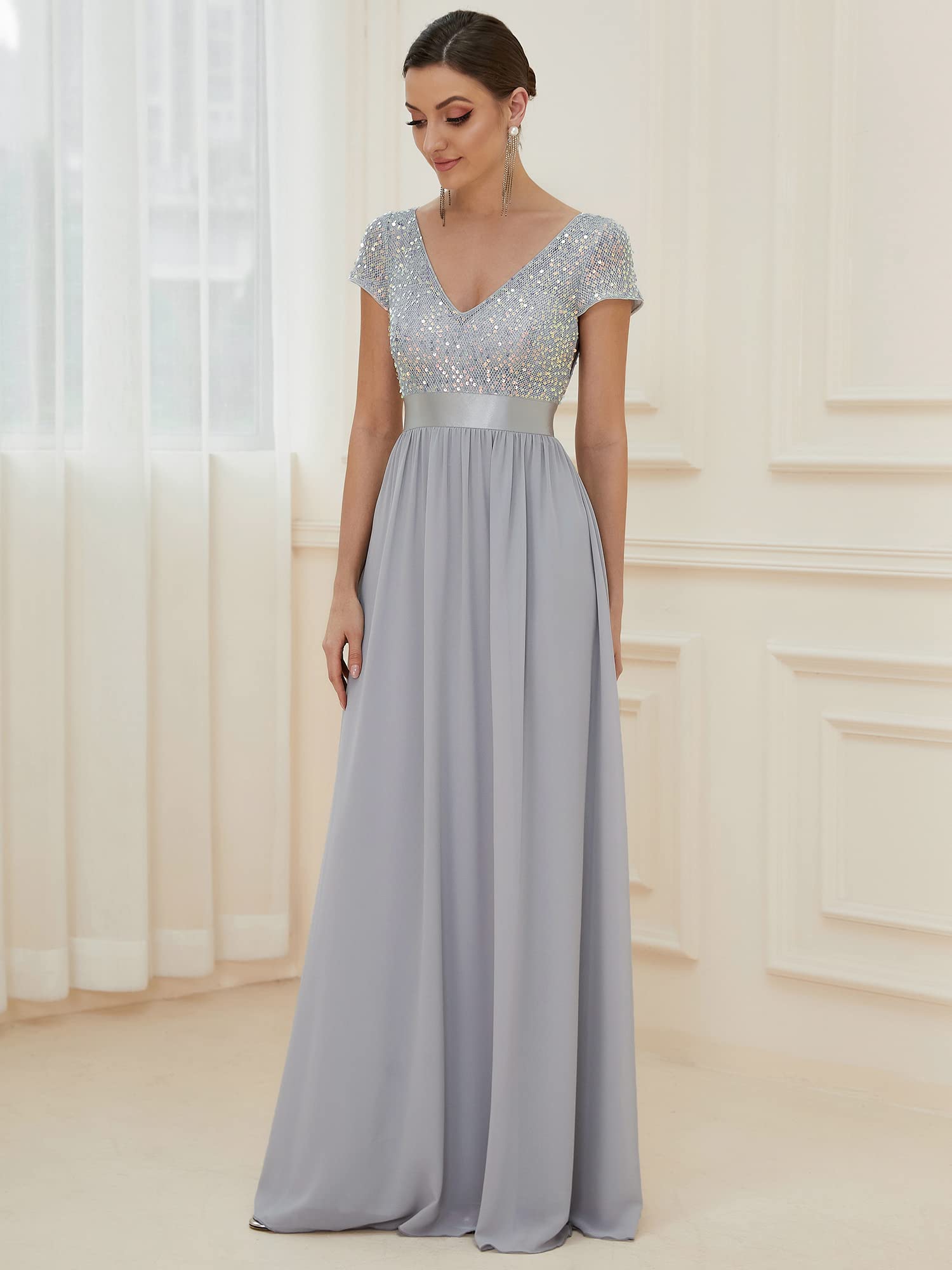 Ever-Pretty Women's Sequin V-Neck A-line Short Sleeves Empire Waist Maxi Evening Party Dress Silver US16