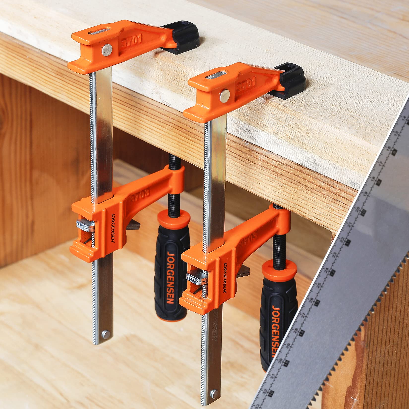 Jorgensen 6” Bar Clamp Set, 2-Pack Steel F Clamp Light Duty, 300 lbs Load Limited, for Woodworking, Metalworking, DIY