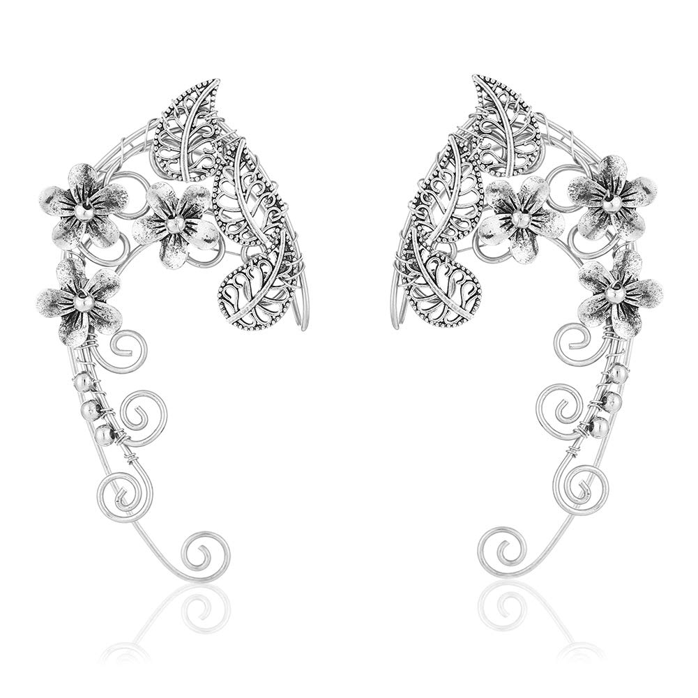 Elven Ear Cuffs for Women, Handmade Elf Fairy Earrings Cuff Wrap Clip-on Filigree Earrings for Fantasy Fairy Halloween Costume, Cosplay, Wedding, Handcraft (Silver)