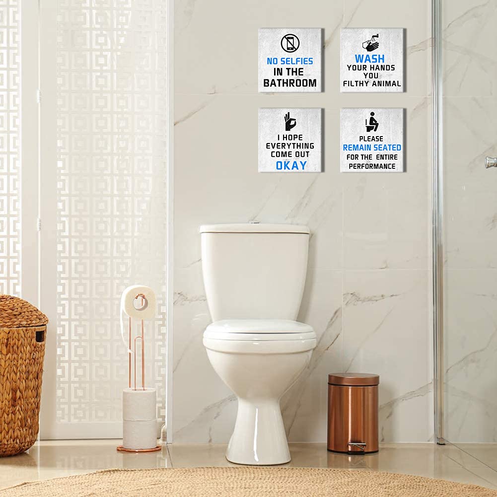 Funny Bathroom Signs Wall Decor Prints Framed Great Quotes and Sayings Canvas Wall Art Painting for Bathroom Decoration 4 Panels