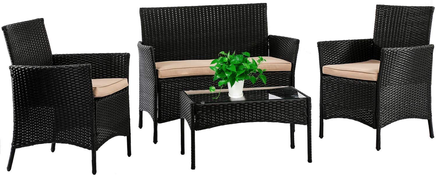 TTY Patio Furniture Set 4 Pieces Outdoor Rattan Chair Wicker Sofa Garden Conversation Bistro Sets for Yard, Pool or Backyard, Best Wicker Furniture Outdoor 4pc Garden Patio Conversation Set, Black