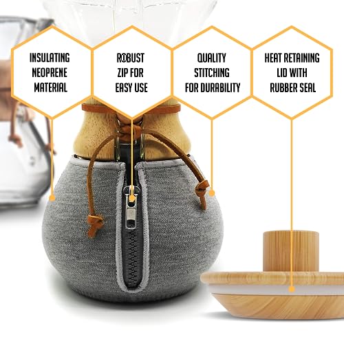 HEXNUB β 8 Cup Cozy and Lid for Chemex Collar and Handle Pour Over Glass Coffeemaker Carafes β Insulated Sleeve Keeps Coffee Warmer or Colder