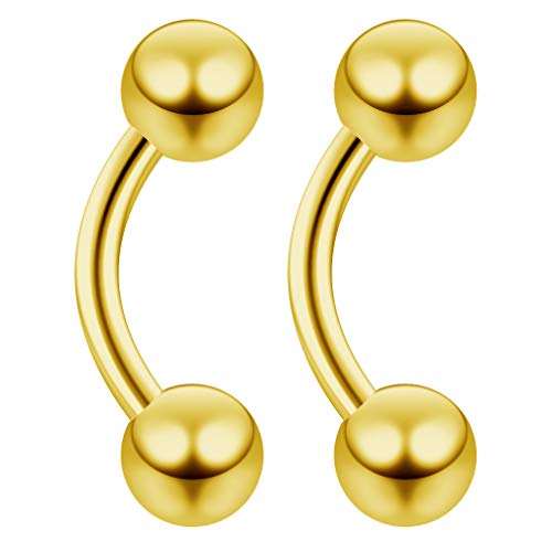 Evonix 2pc 16g Gold Anodized Surgical Steel Curved Barbell 4mm Ball Eyebrow Belly Bar Lip Tragus Ring Piercing Jewelry - 6mm