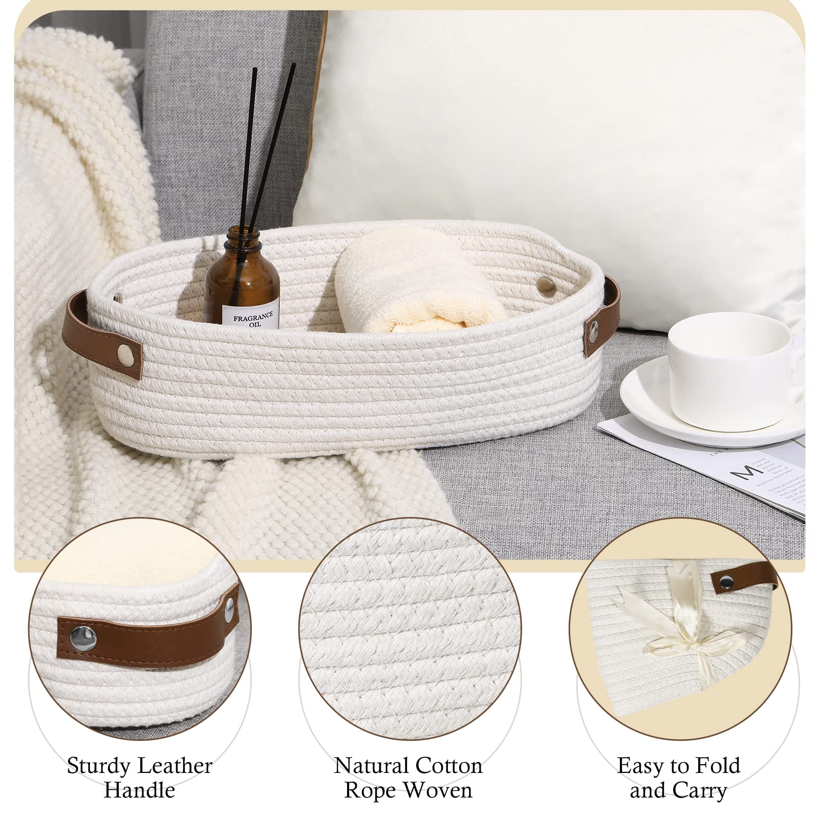 Lewondr Woven Cotton Rope Basket with Leather Handles, White, 12.99 x 5.91 x 3.94 inches