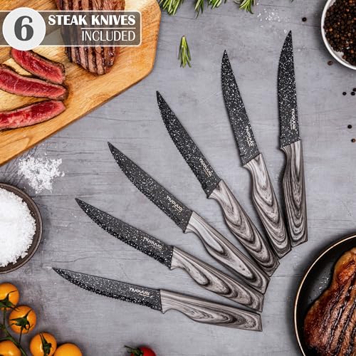 nuovva Professional Kitchen Knife Set with Block - Granite 18 Pcs with Knives Sharpener Peeler and Scissors - Clear Acrylic Block High Carbon Stainless Steel Blades Wood Affect Handle
