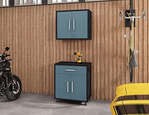 Manhattan Comfort Eiffel 2-Piece Storage Garage Set in Matte Black and Aqua Blue