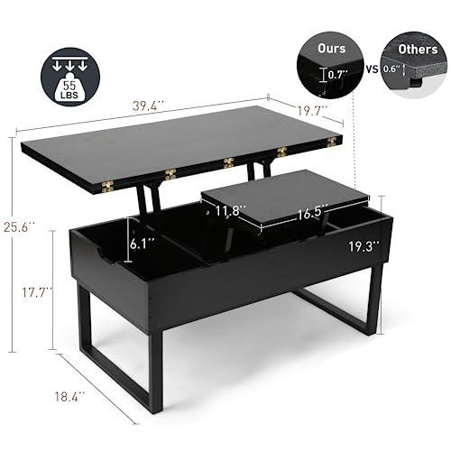 Lift Top Coffee Table, 3 in 1 Multi-Function with Hidden Compartment for Living Room, Modern Lift Coffee Table Converts to Dining Table for Reception, Black