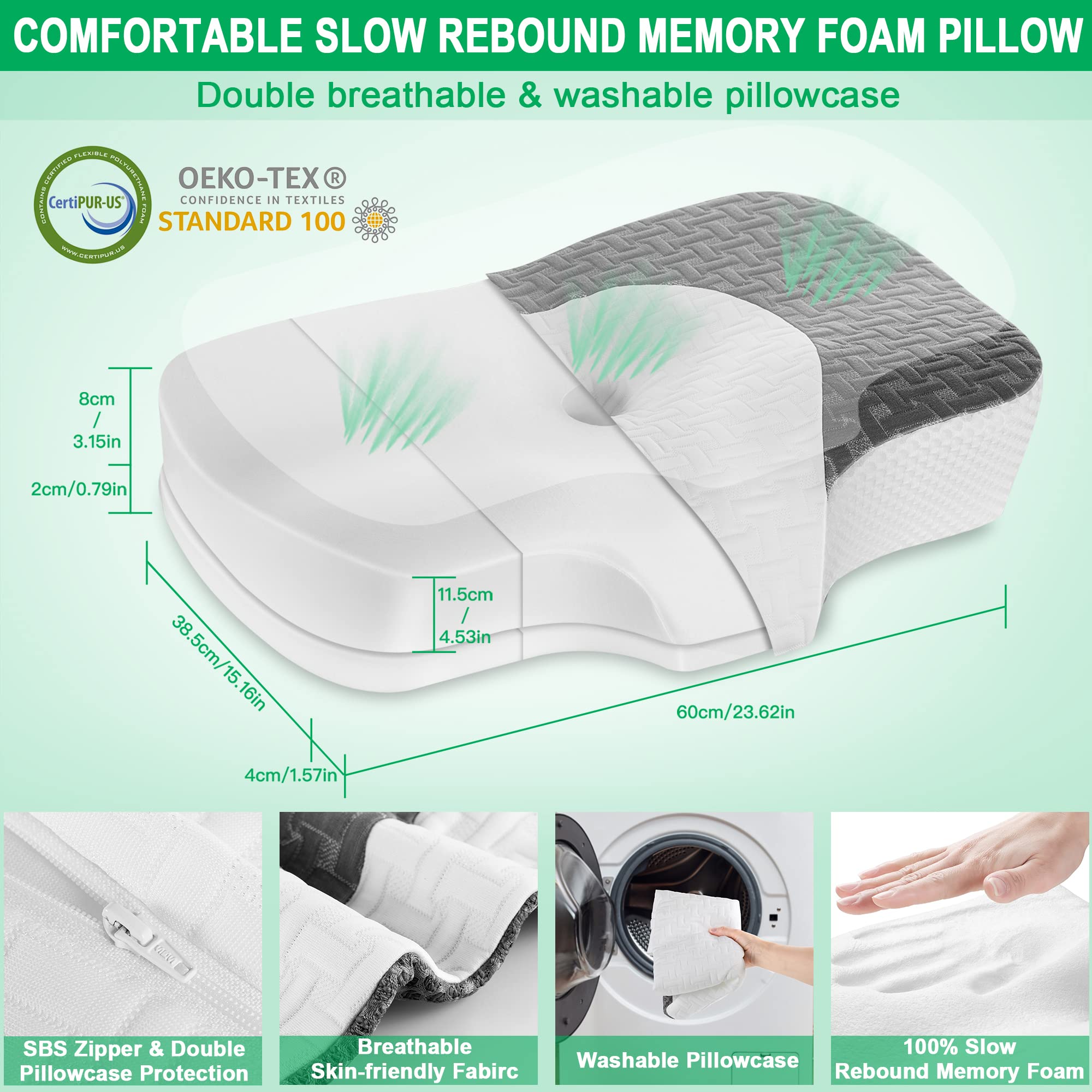 Elviros Cervical Neck Pillow, Contour Memory Foam Pillows for Pain Relief Sleeping, Adjustable Orthopedic Ergonomic Bed Pillow for Back and Stomach Sleepers (White)