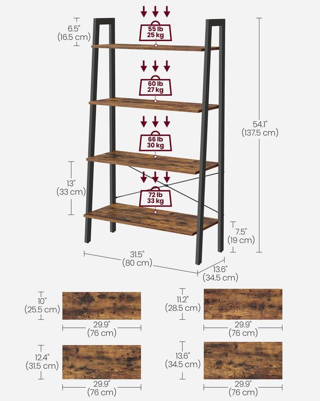 VASAGLE Ladder Shelf, 4-Tier Bookshelf, Storage Rack, Bookcase with Steel Frame, for Living Room, Home Office, Kitchen, Bedroom, Industrial Style, Rustic Brown and Black ULLS144B01
