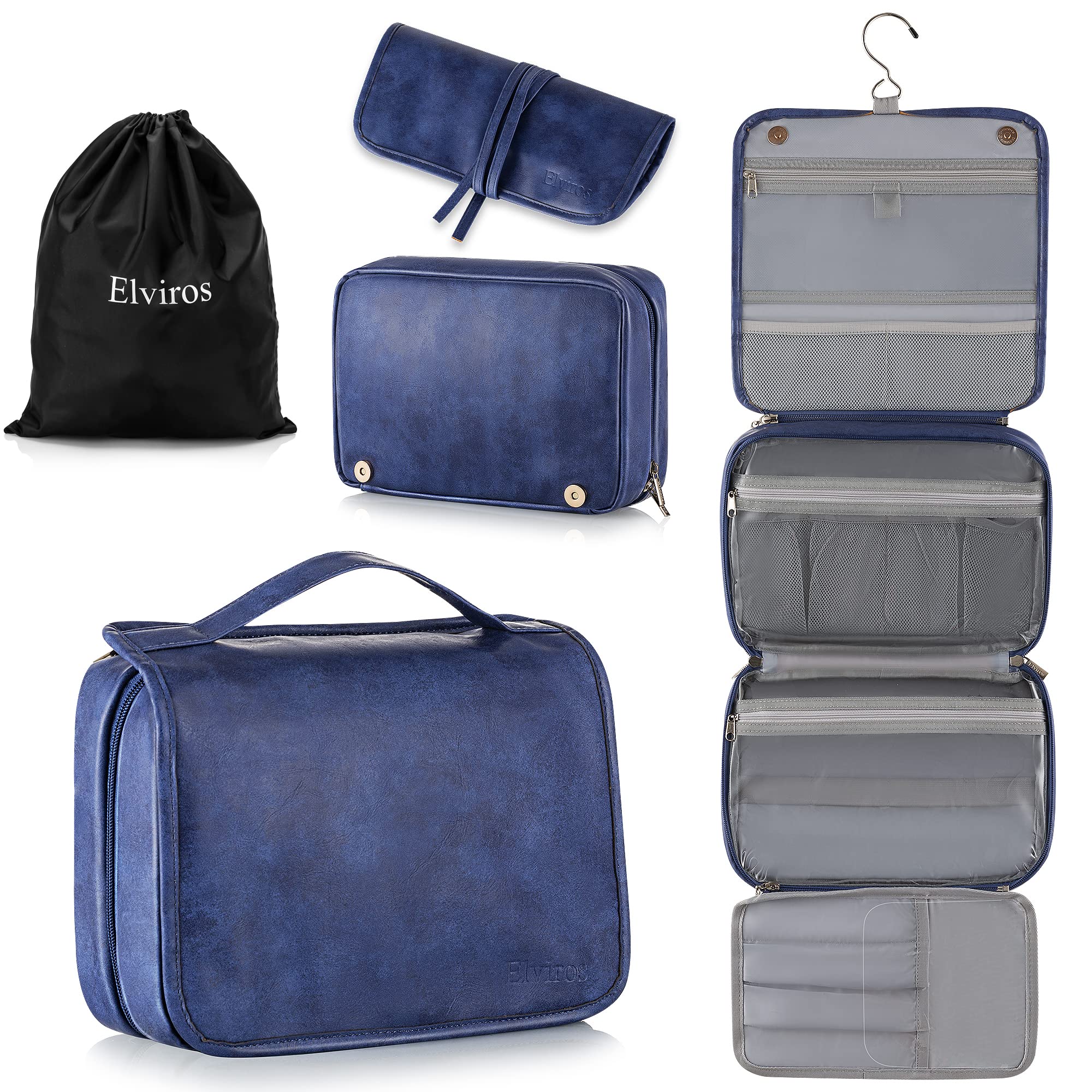 Elviros Toiletry Bag Hanging Travel Organizer for Men and Women, 3 in 1 Multifunctional Large Makeup Cosmetic Case for Toiletries Accessories, Water-resistant PU Leather Bathroom Dopp Kit Shaving Bag