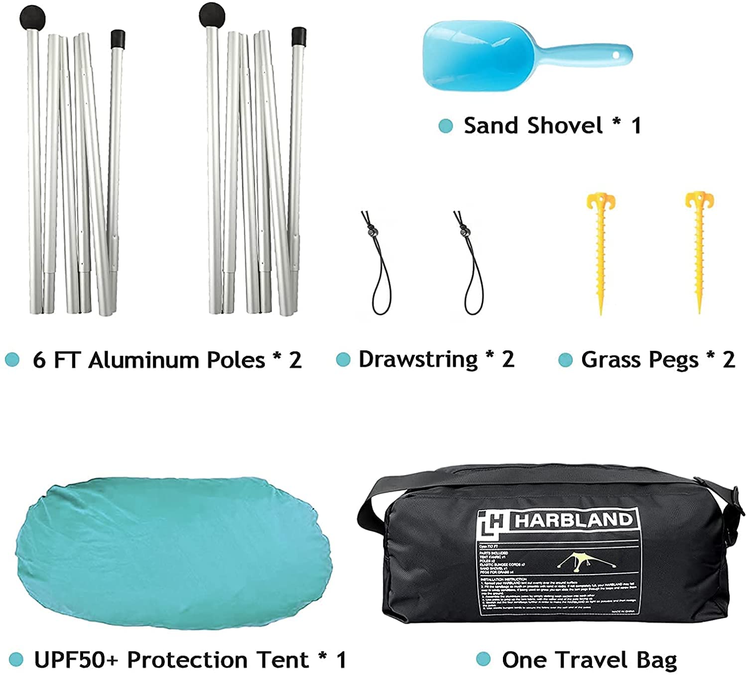 HARBLAND Beach Tent, Portable Beach Canopy UPF50+ with Carry Bag for Outdoors, Backyards, Adults and Babies(7X7 FT, 2 Poles, 2-4 People,Cyan)