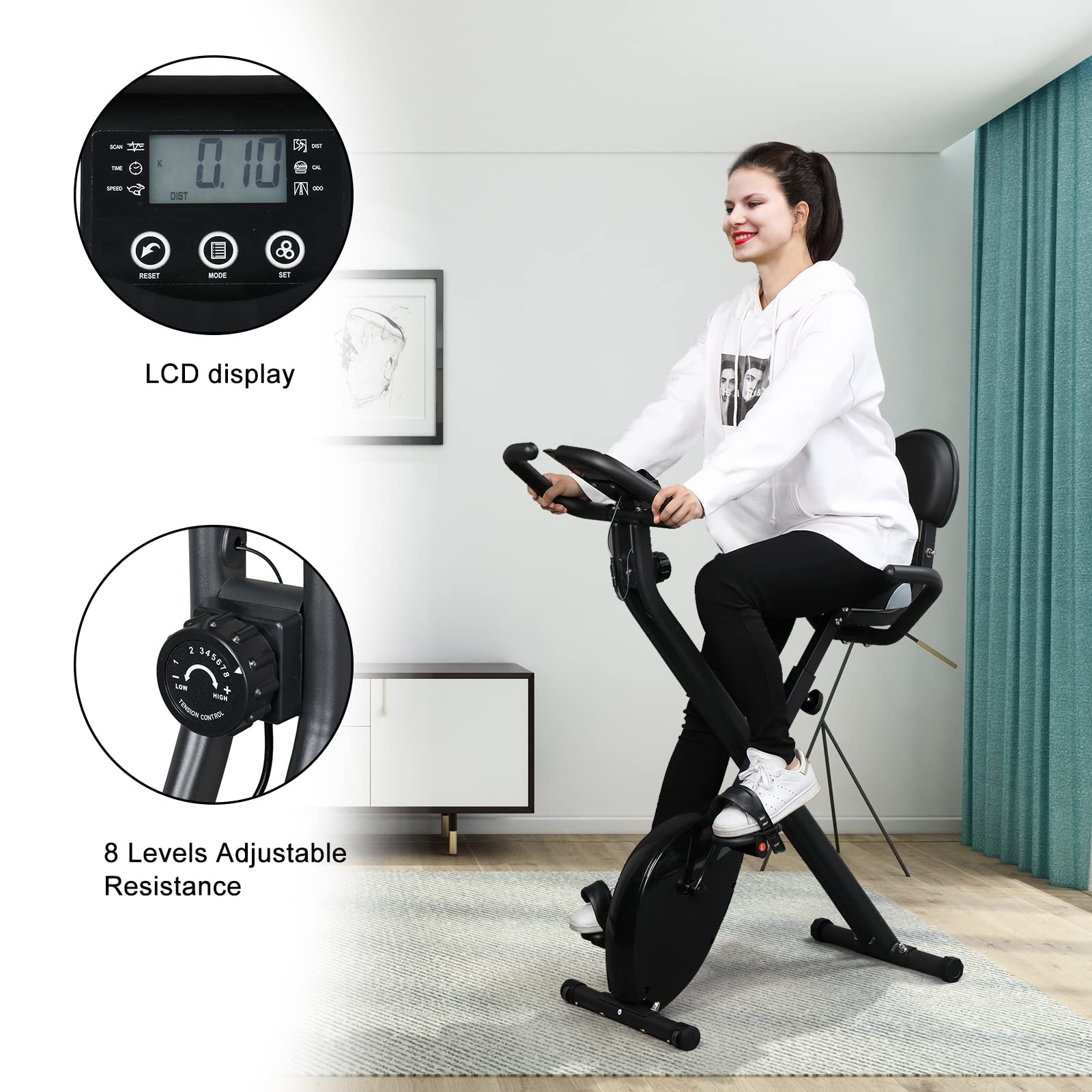 Foldable Exercise Bike Stationary Bikes Cycling Workout Machine for Fitness & Cardio Exercise for Home Indoor Cycle w/LCD Display, 8 Level Resistance, Adjustable Height & Comfortable Handle, BLACK