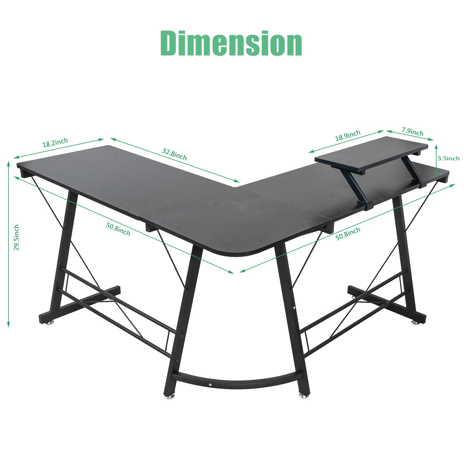 DOUBLERUI L Shaped Desk Home Office Corner Desk,Gaming Computer Desk,PC Latop Study Writing Table Workstation with Large Monitor Stand,Blak,50.8"