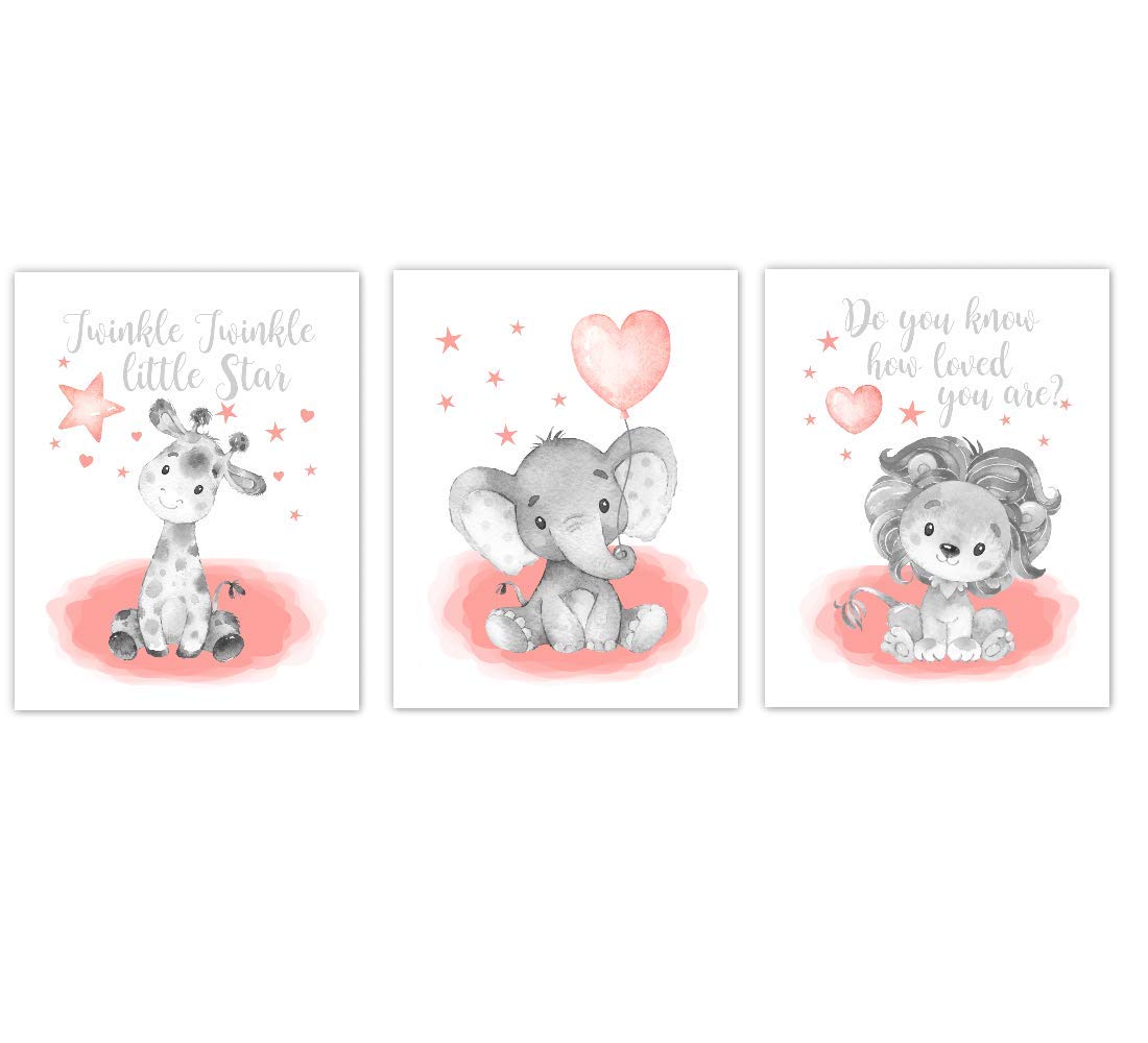 Elephant Baby Girl Nursery Wall Art Giraffe Lion Twinkle Little Star Safari Animals Decor 3 UNFRAMED PRINTS