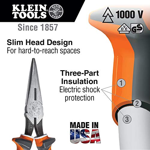 Klein Tools 2038EINS Long Nose Side Cutter Insulated Pliers with Slim Induction Hardened Cutting Knives for Long Life, 8-Inch
