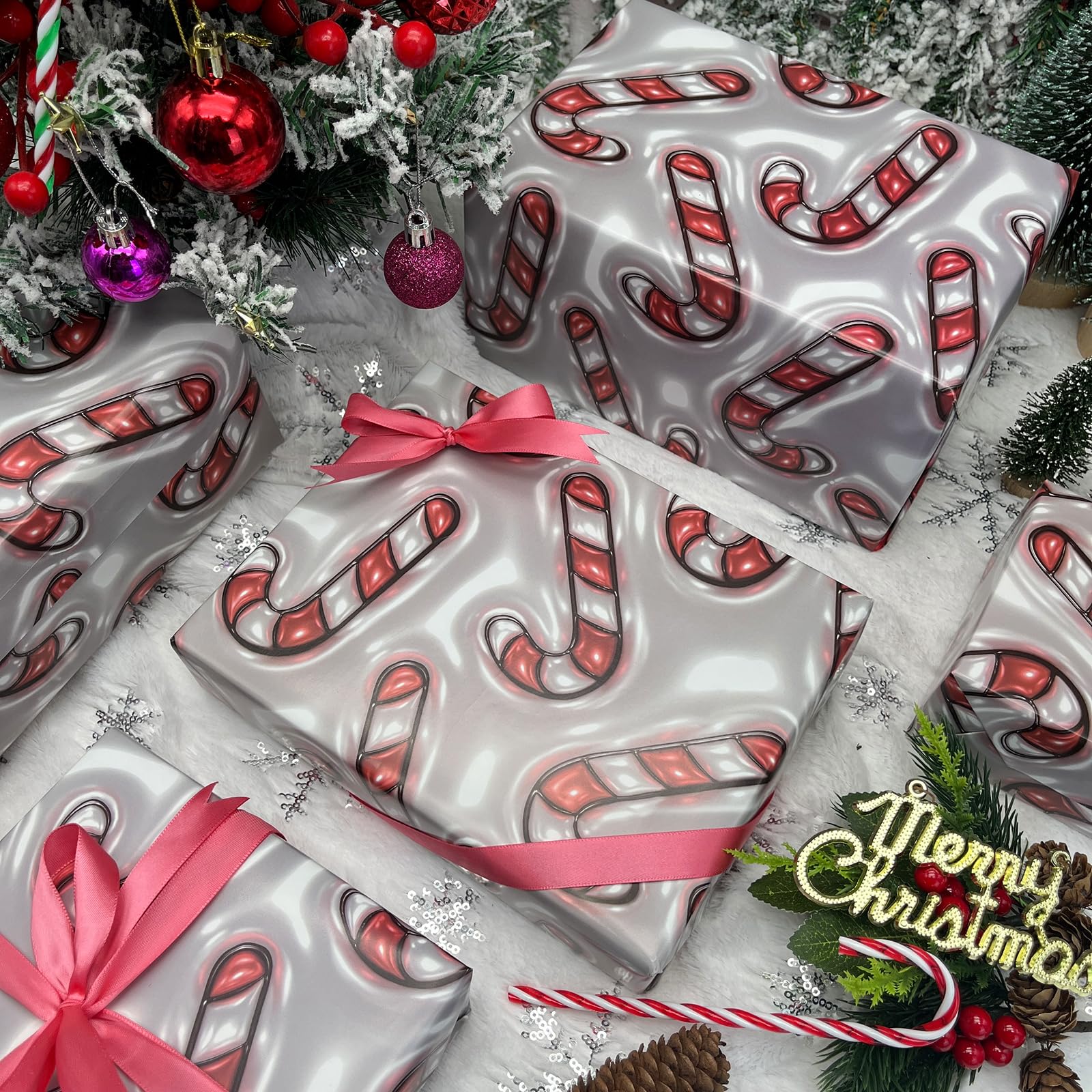 Dtiafu 3D Inflated Puff Candy Cane Wrapping Paper - Metallic Sliver Christmas Decoration - 6 Pcs Gift Wrapping Paper for Xmas Holiday