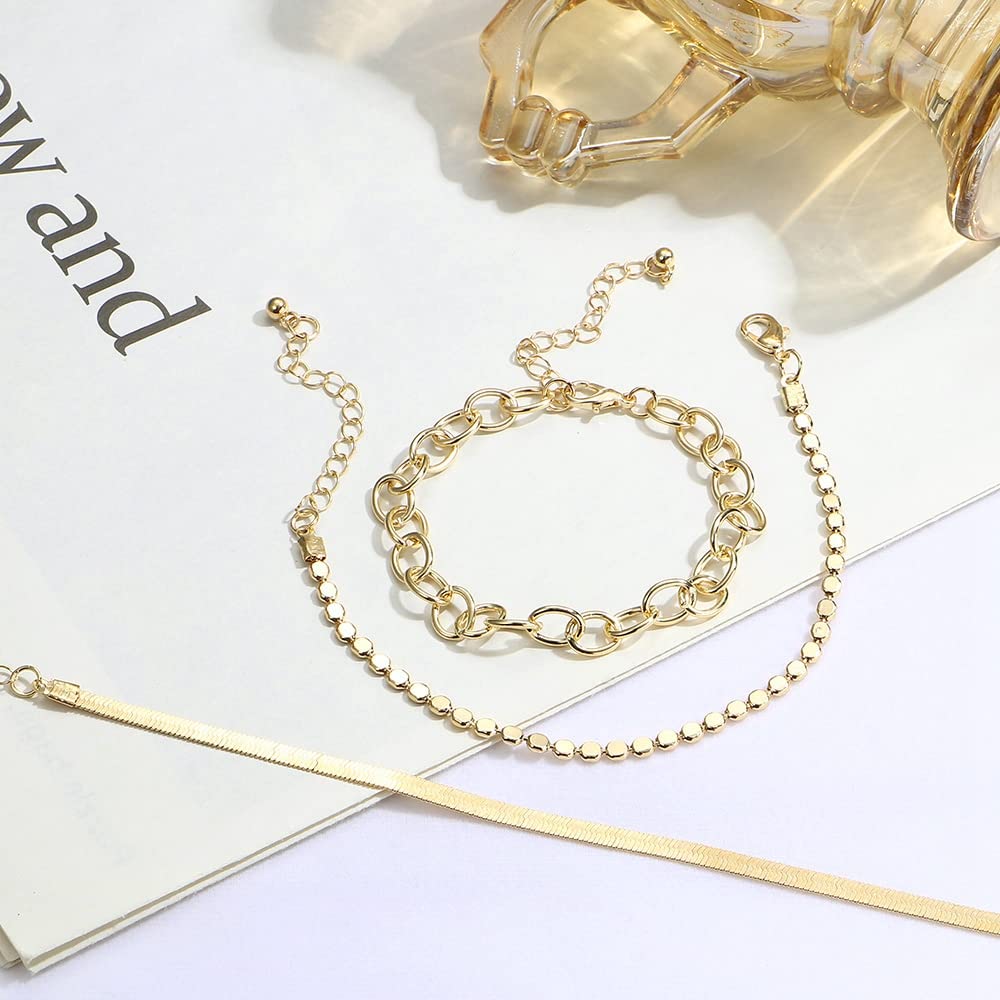 FINREZIO 12PCS Gold Chain Bracelets Set for Women, Dainty Link Beaded Cuban Chunky Cable Chain Bracelets, 14K Gold Plated Stackable Bracelets Adjustable Jewelry