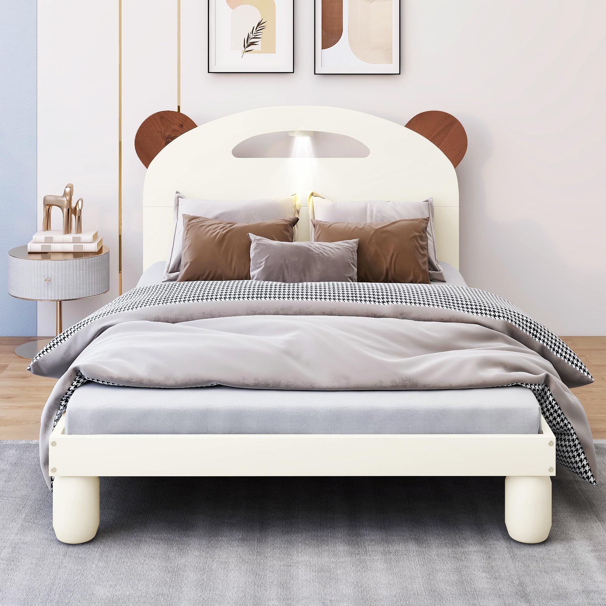 DOLPRNE Twin Size Platform Bed with Bear Ears Shaped Headboard and LED for Kids Adults Bedroom,Cream White