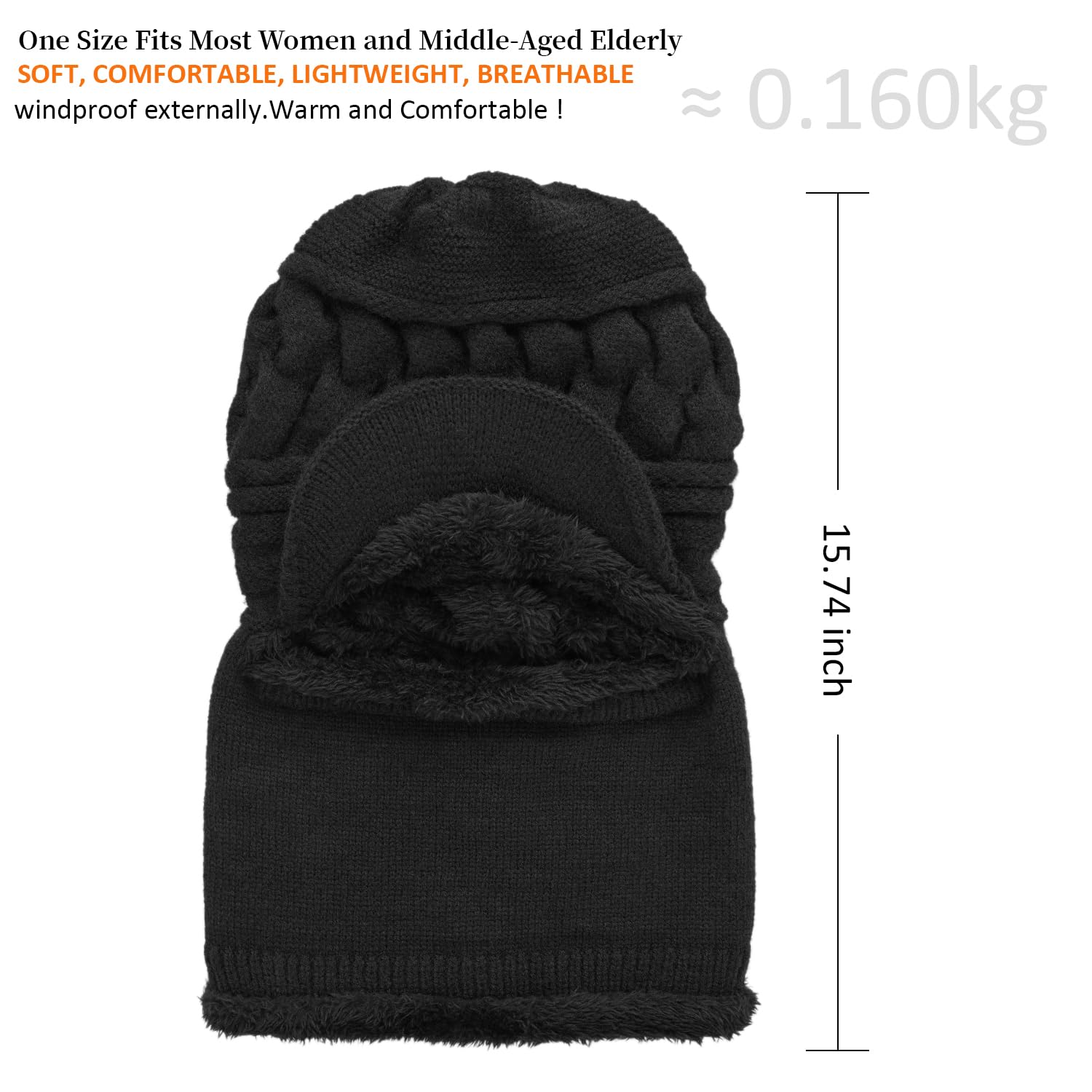 Fleece Lined Womens Beanie Knit Hat, Winter Scarf Mask Set,Middle-Aged and Elderly Mother Warm Hat Earmuffs Cap (one Size, Black)