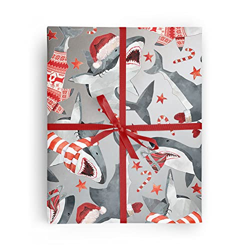 REVEL & Co Christmas Sharks FOLDED Wrapping Paper, Festive Great White Sharks with Santa Hats, 10 Feet Long Folded Boy's Christmas Giftwrap