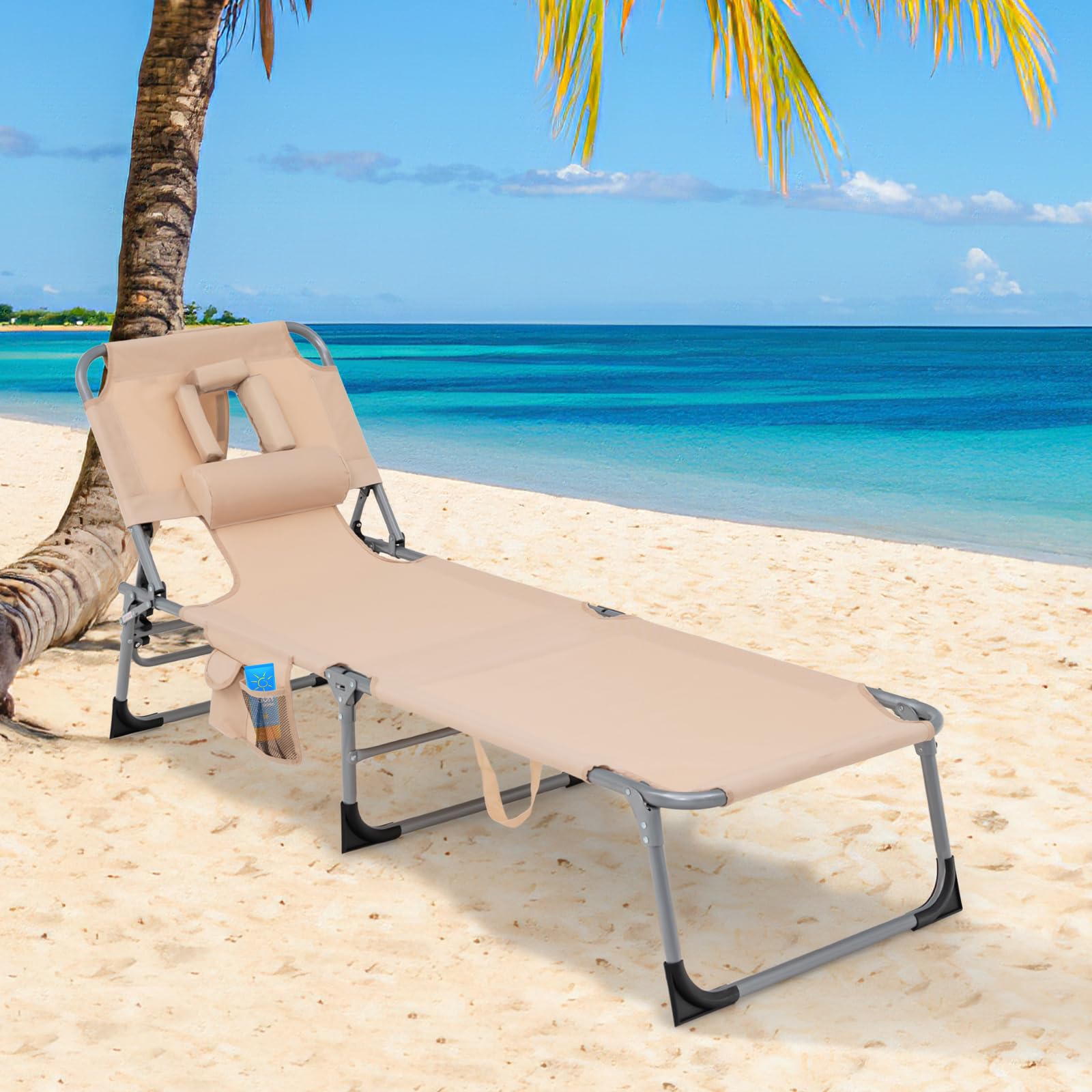 Moccha Folding Tanning Chair, Beach Lounger with Face Hole, 5-Position Adjustable Backrest, Side Pocket, Removable Pillow, Portable Bench Lounge Chairs for Outside Patio Pool Lawn (1, Beige)