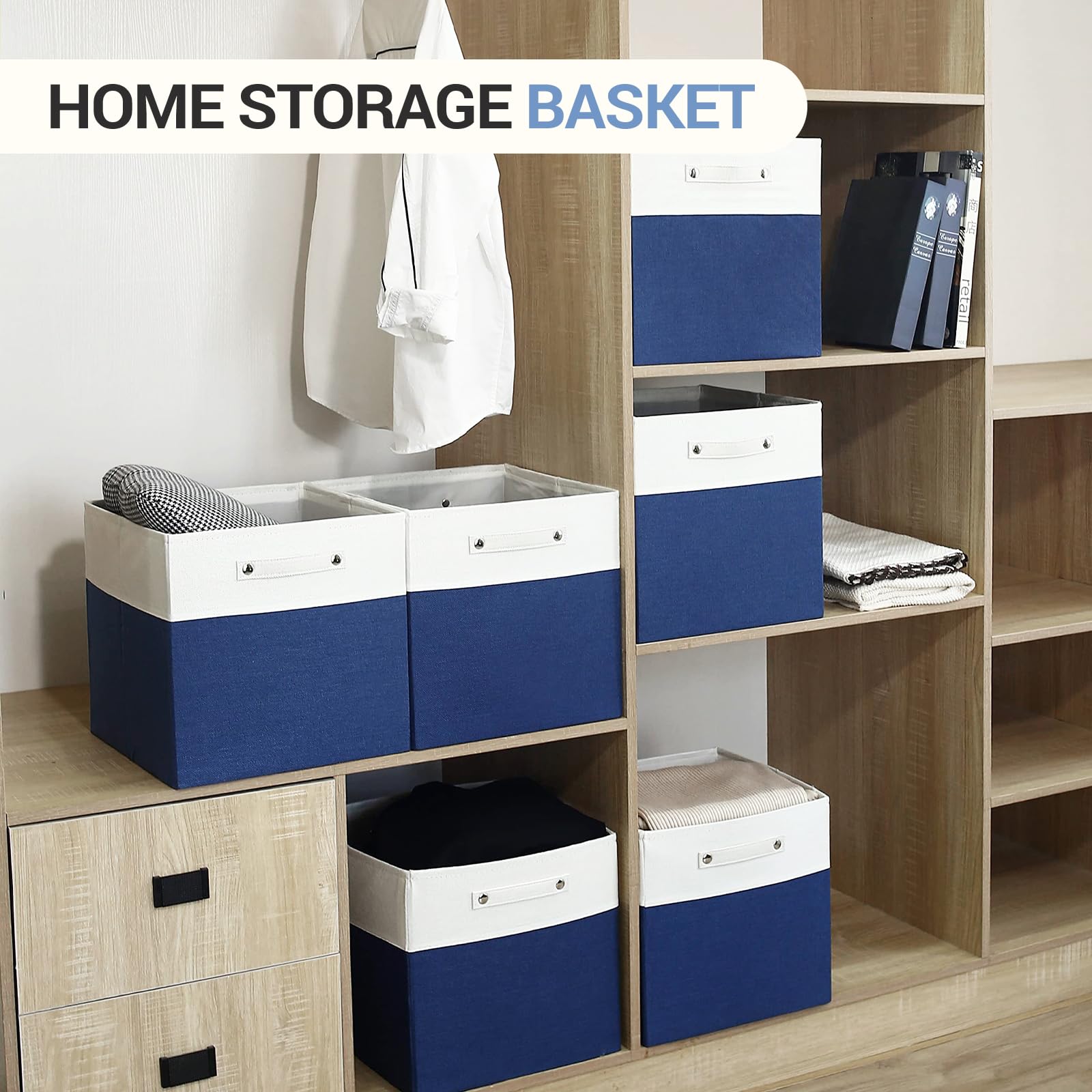 Foldable Storage Bins 13x13 Storage Cubes Fabric Linen Storage Baskets for Shelves Drawer with Handles for Organizing Closet, Utility Room, Storage Room, Nursery, Bedroom Set of 4 White & Navy Blue