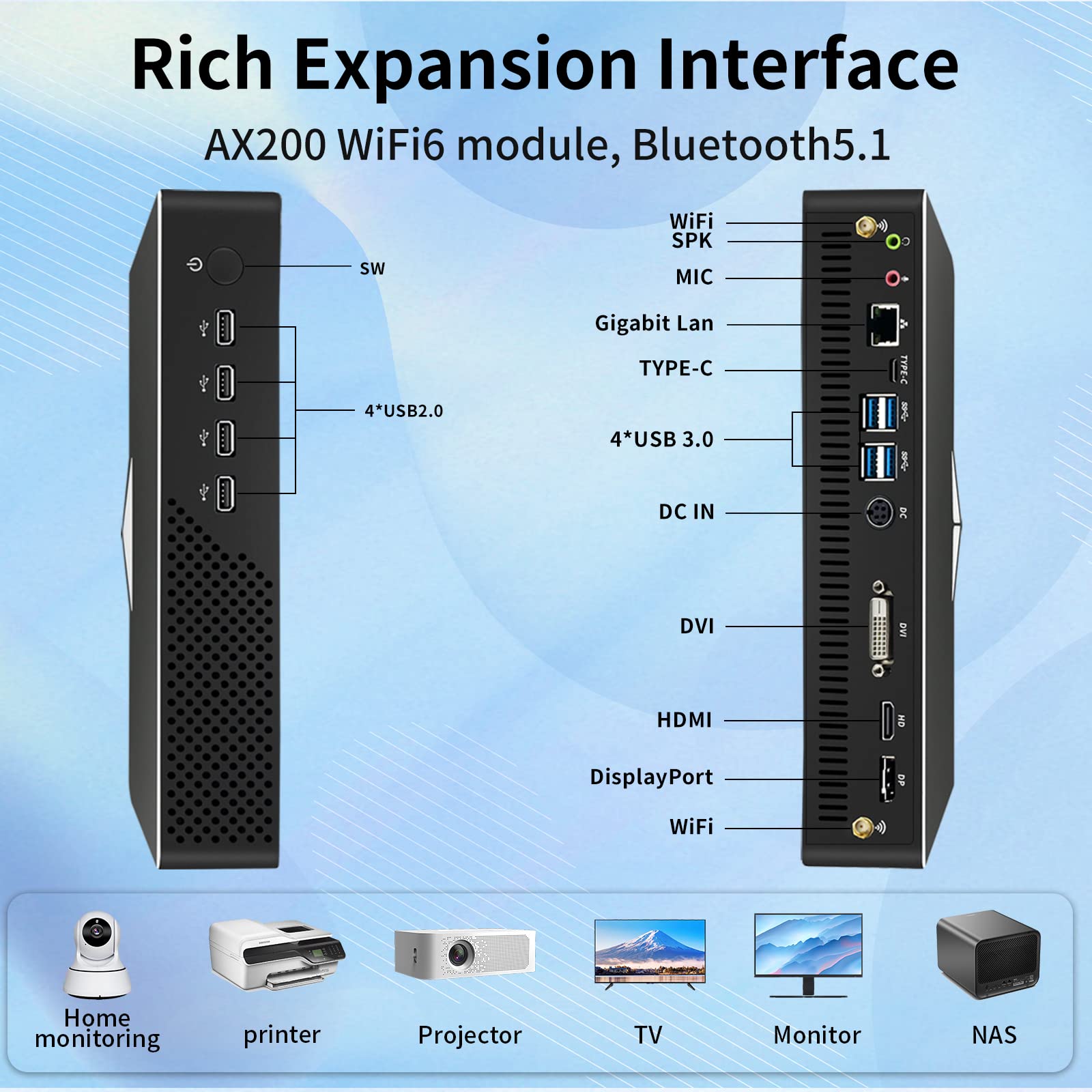Kinupute Mini Computers, Desktop PC Core i9-9900KF 3.6-5.0GHz, Windows 11 Pro, 64G DDR4| 1T NVME SSD, GeForce RTX2060 6G, 4K/8K@60Hz, HDMI/DP/DVI Port, USB-C, BT5.1/WiFi6 for Gaming/Office/Design