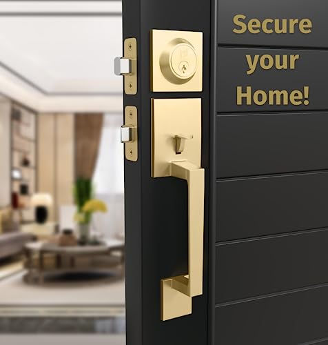 Mega Handles Gold Entry Door Handleset - Single Cylinder Handleset with Lever for Entrance and Front Doors - Modern Door Handles with Design for Left and Right-Handed Doors - Straight Handle