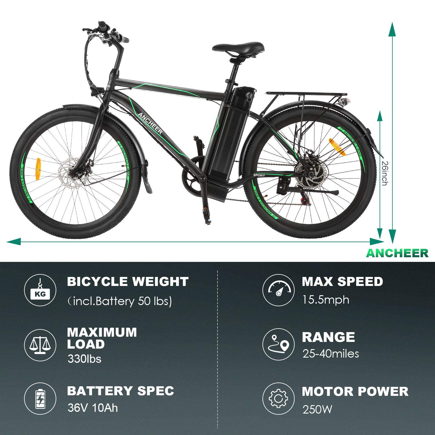Electric Bike 26" City E-Bike with 10Ah Removable Battery, 250W High Entry Commuting Electric Bicycle