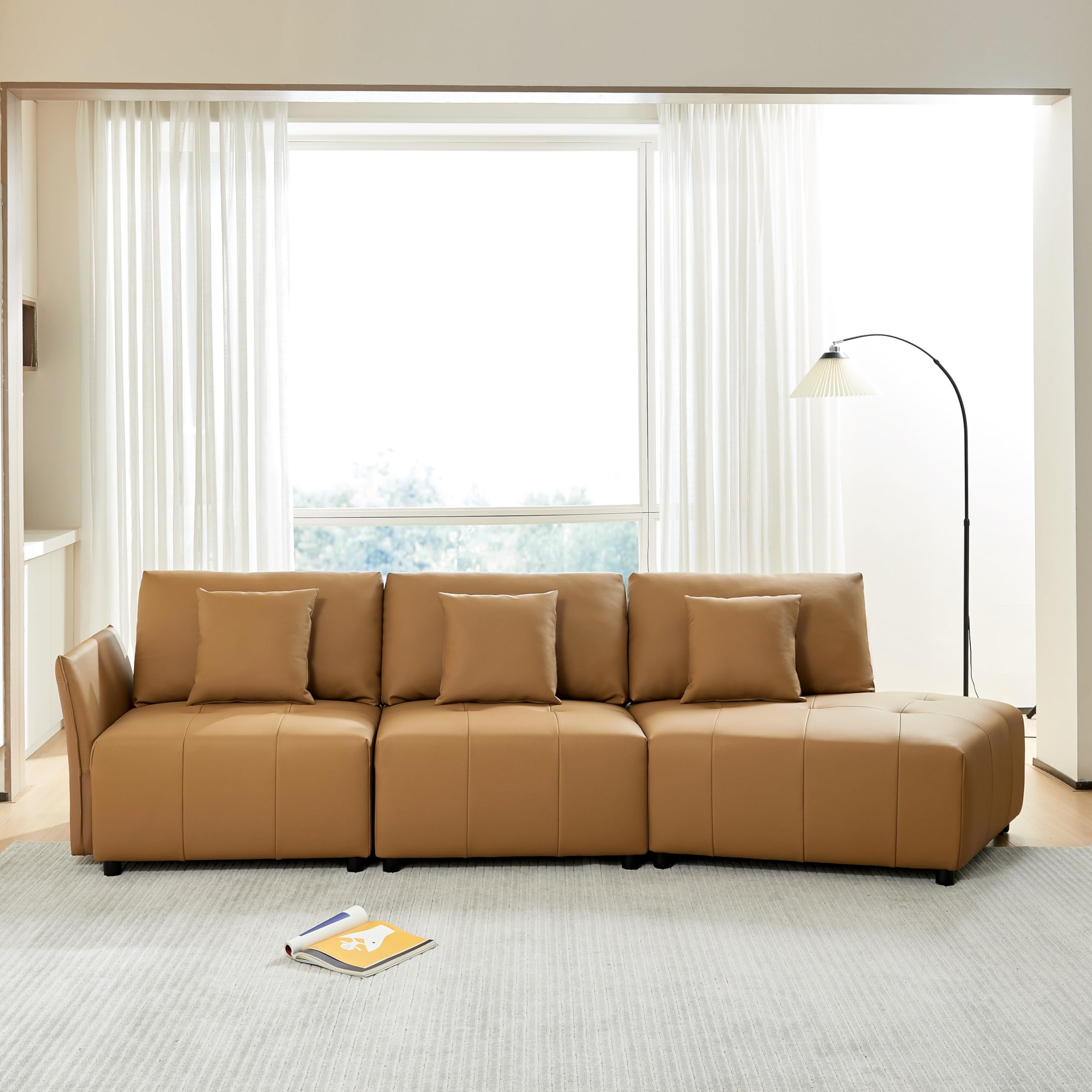 Modern Living Room Curved Sofa, Real Leather Modular Sectional Sofa, Chaise Lounge Couch, 3-Seater Corner Couch, 120'' Sofa Couch with 3 Pillows, Apartment, Home Furniture, Office, Brown Couch
