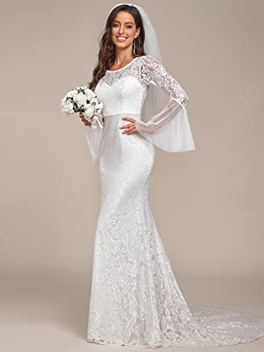 Ever-Pretty Women Custom Curve Charming Open Back Tulle Floor Length Bridal Dress with Long Lace Trian White US30