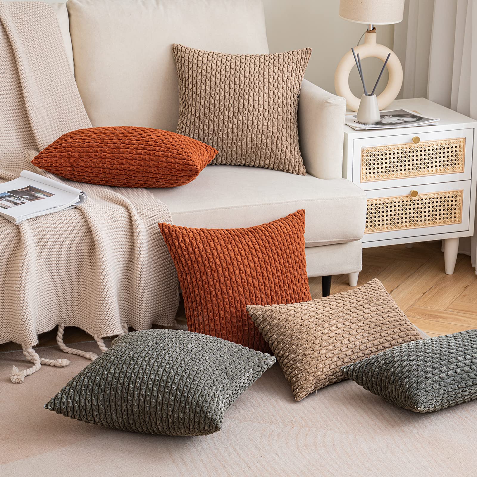 EMEMA Throw Pillow Covers Soft Corduroy Decorative Boho Striped Pillowcases Square Cushion Case Farmhouse Home Decor for Couch Sofa Living Room Bed Pack of 2, 18x18 Inch Brown