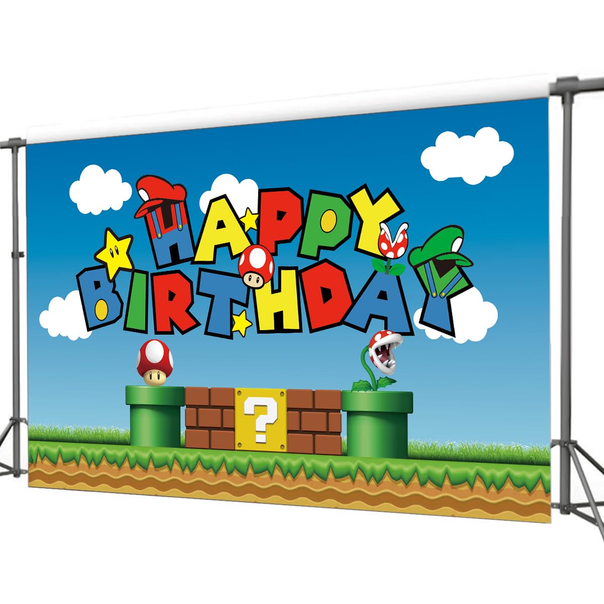 Mario Happy Birthday Party Backdrop, Baby Shower Cake Table Decoration Supplies, Mario Themed Banner (5X3FT)