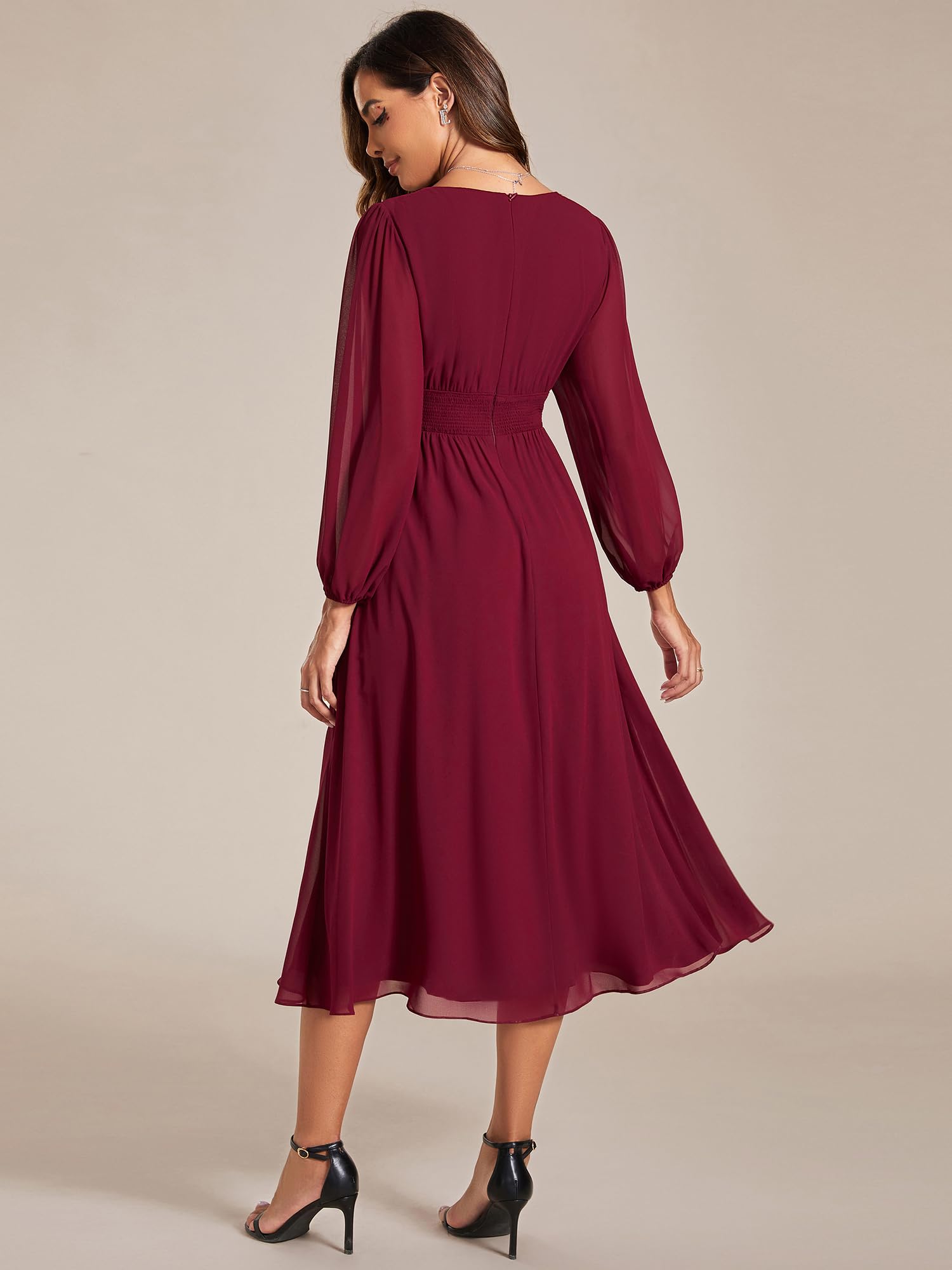 Ever-Pretty Women's Chiffon Long Sleeve Elastic Waist A-Line Knee Length Wedding Guest Dresses Burgundy US16